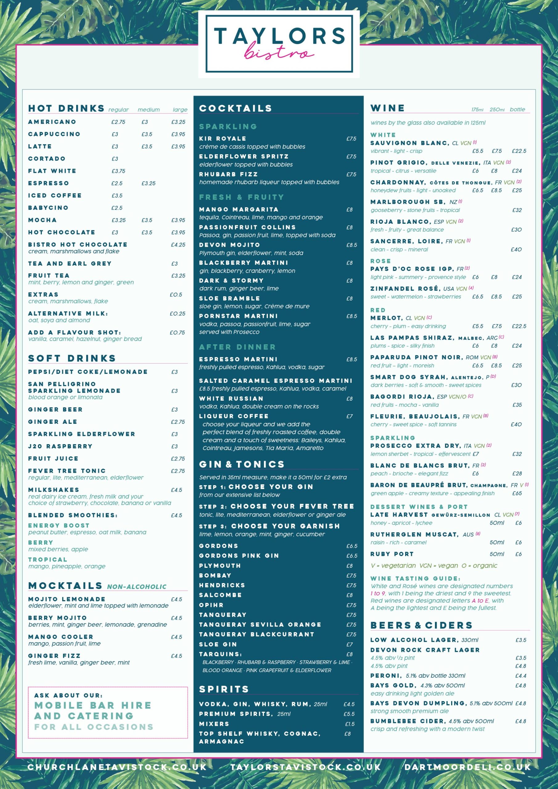 Menus | Taylor's Tavistock | Meet Eat Drink