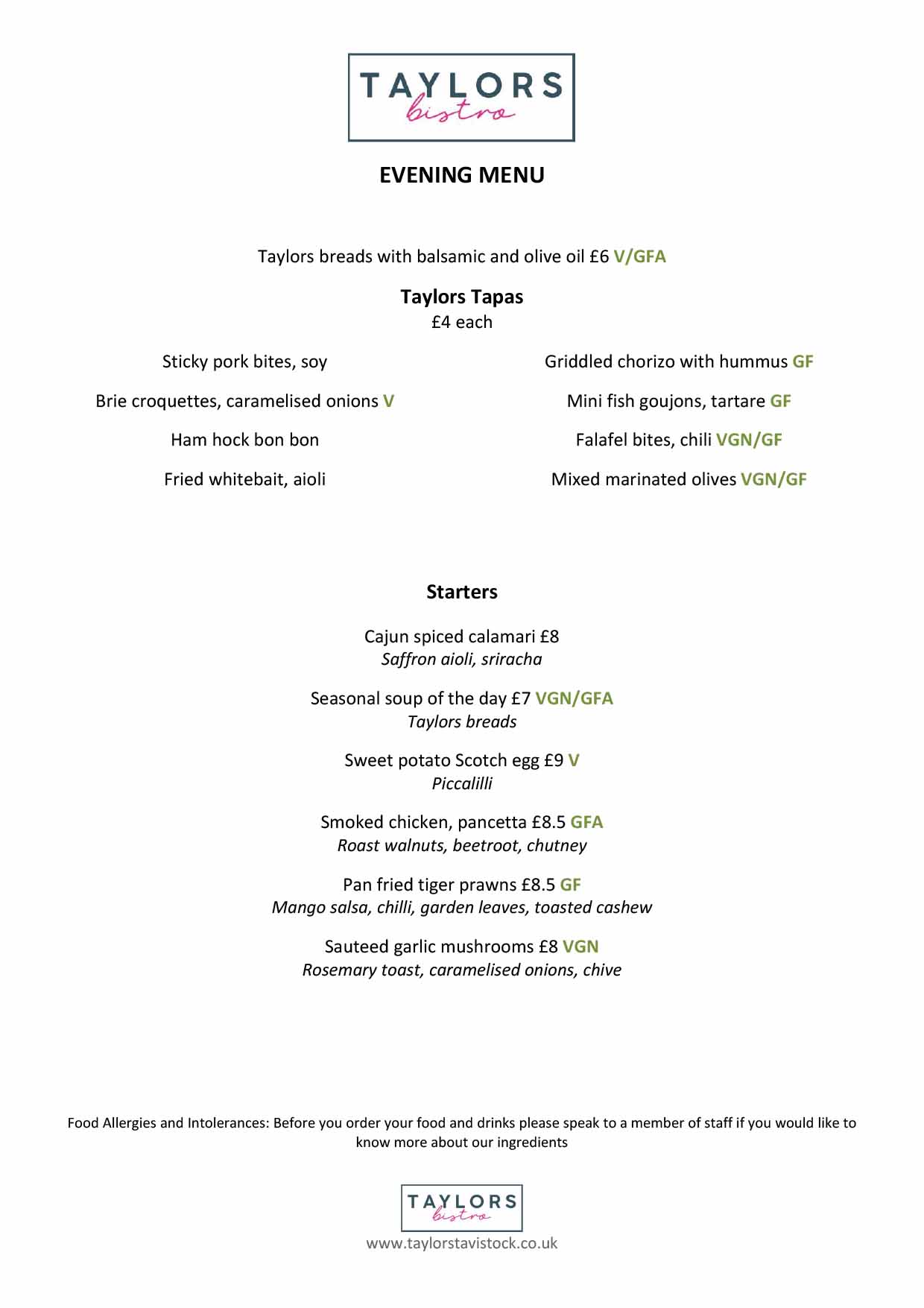Evening Menu Summer 24-1 - Taylor's Tavistock | Meet Eat Drink