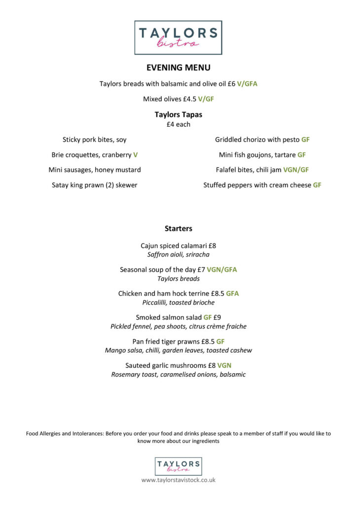 Menus - Taylor's Tavistock | Meet Eat Drink